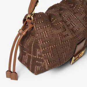 Fendi Baguette® Soft Medium Sellier Brown Raffia-effect Material Woven Bag With Ff Embroidery